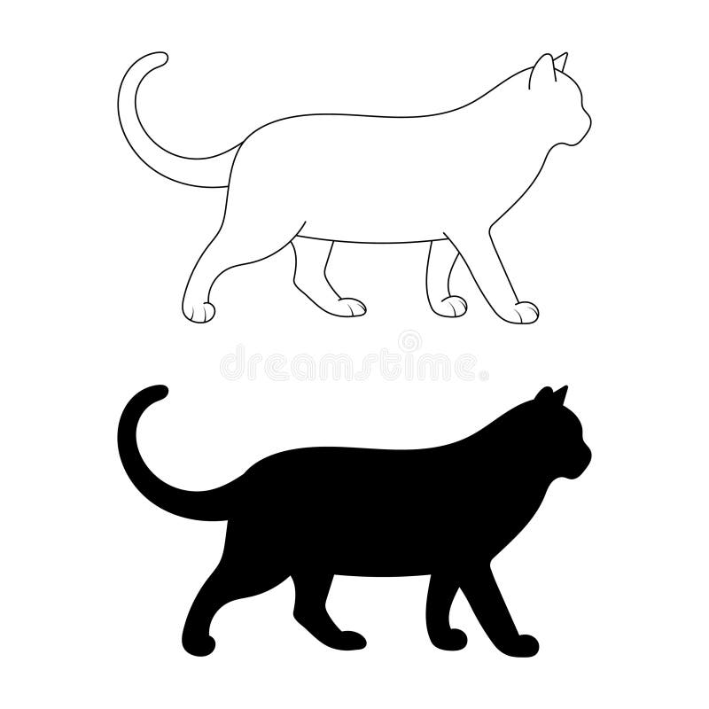 Walking Cat Silhouette and Outline Vector Illustration Stock ...