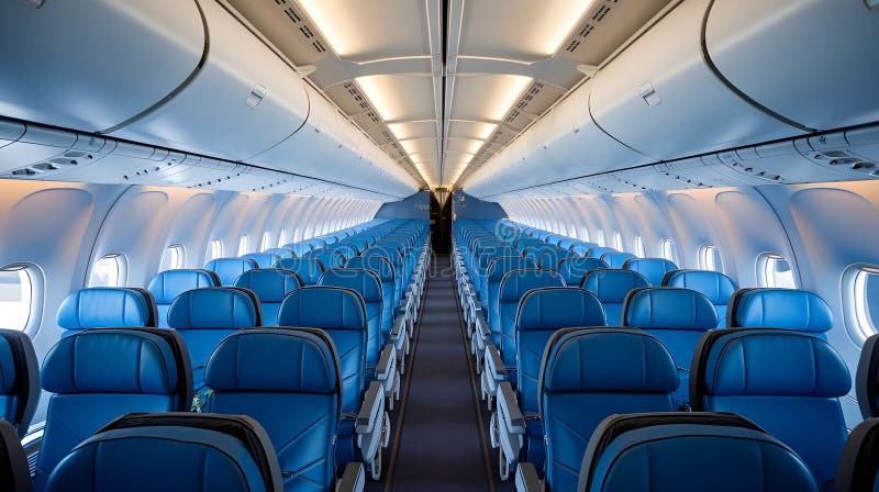 Empty Airplane Cabin Interior with Blue Seats and Overhead Compartments ...