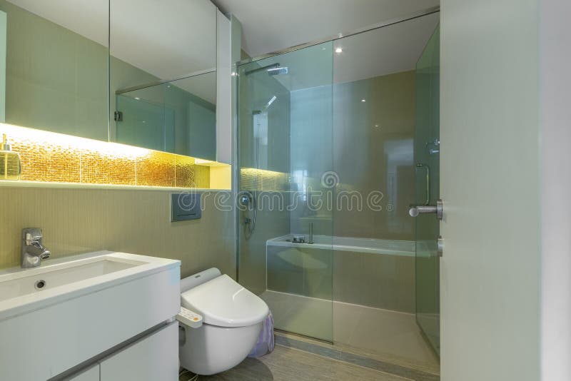 Clean and modern bathroom stock photo. Image of hotel - 248733204