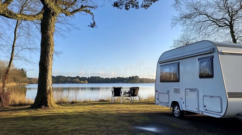 A Clean, Modern Caravan Parked in Front of a Tranquil Lakeside View ...