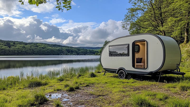 Clean Modern Caravan Parked Front Tranquil Lakeside View Digital Stock ...