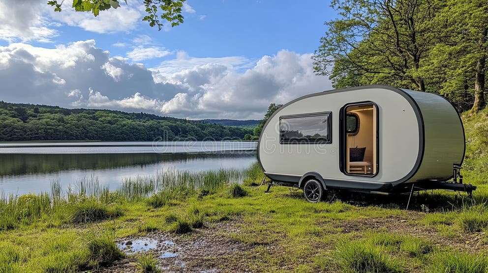 A Clean, Modern Caravan Parked in Front of a Tranquil Lakeside View ...