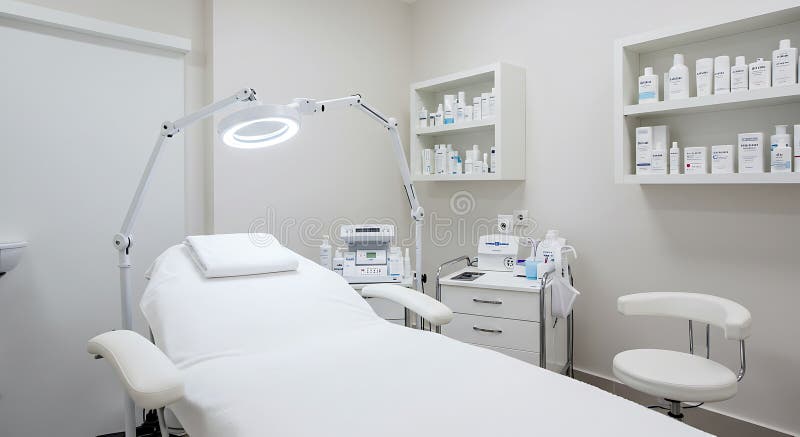 A Clean, Modern Clinic Room Featuring a White Examination Table with an ...