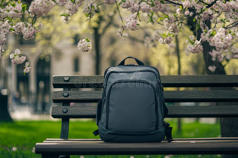 A Clean, Modern Courier Backpack Resting on a Park Bench Surrounded by ...