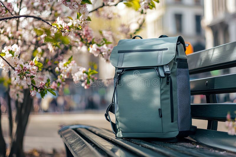 A Clean, Modern Courier Backpack Resting on a Park Bench Surrounded by ...