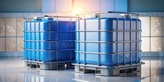 Clean and Modern 3D Render of Two Blue IBC Liquid Containers on a White ...