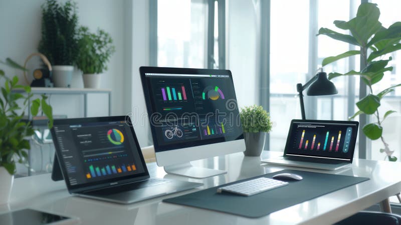 A Clean, Modern Desk with Multiple Laptops and Tablets Displaying ...
