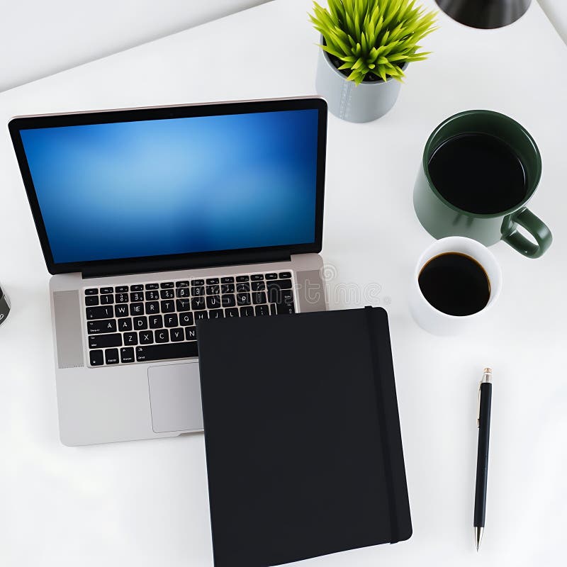 A Clean and Modern Desk Setup Featuring a Laptop, Notebook, and Coffee ...