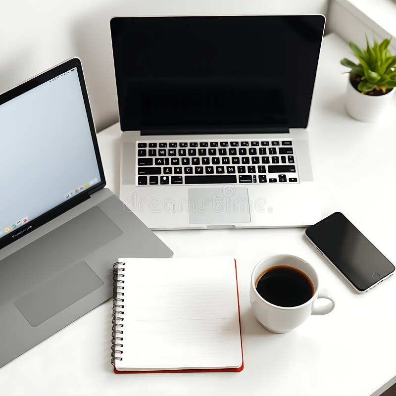 A Clean and Modern Desk Setup Featuring a Laptop, Notebook, and Coffee ...