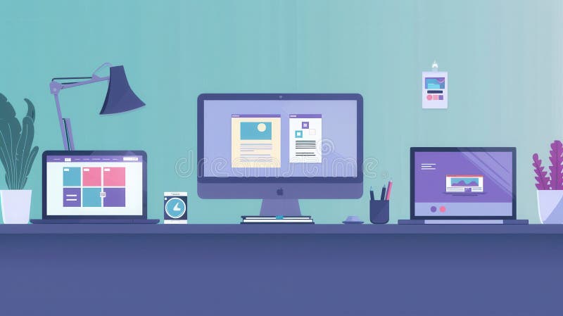 A Clean, Modern Desk with Various Electronic Devices Displaying Vibrant ...