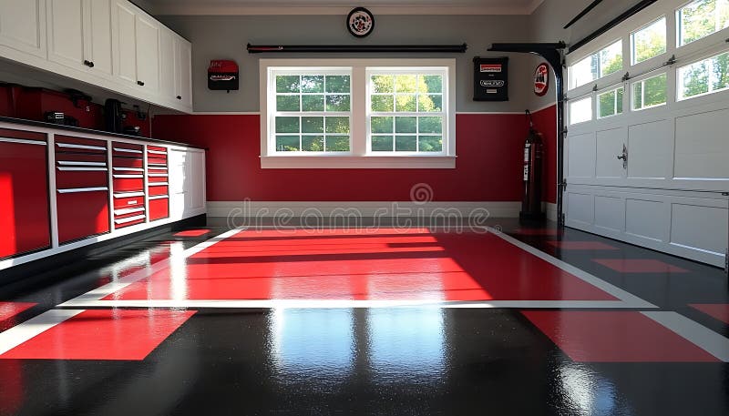 A Clean and Modern Garage Interior with a Glossy Painted Floor Stock ...