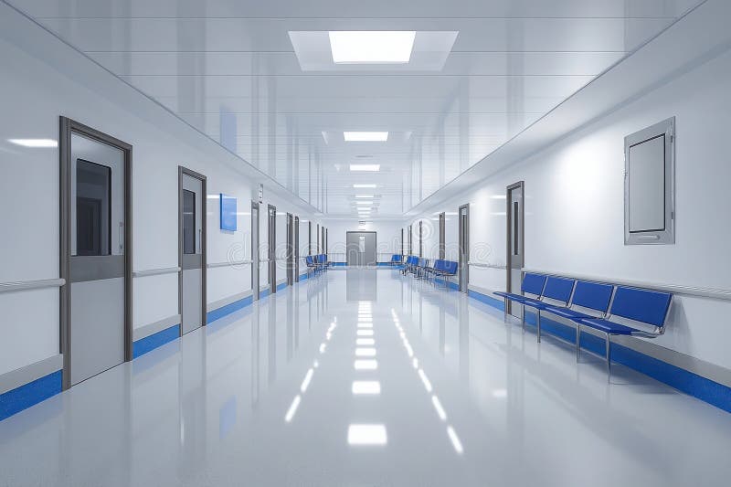 Clean and Modern Hospital Corridor with Bright Lighting and Blue ...