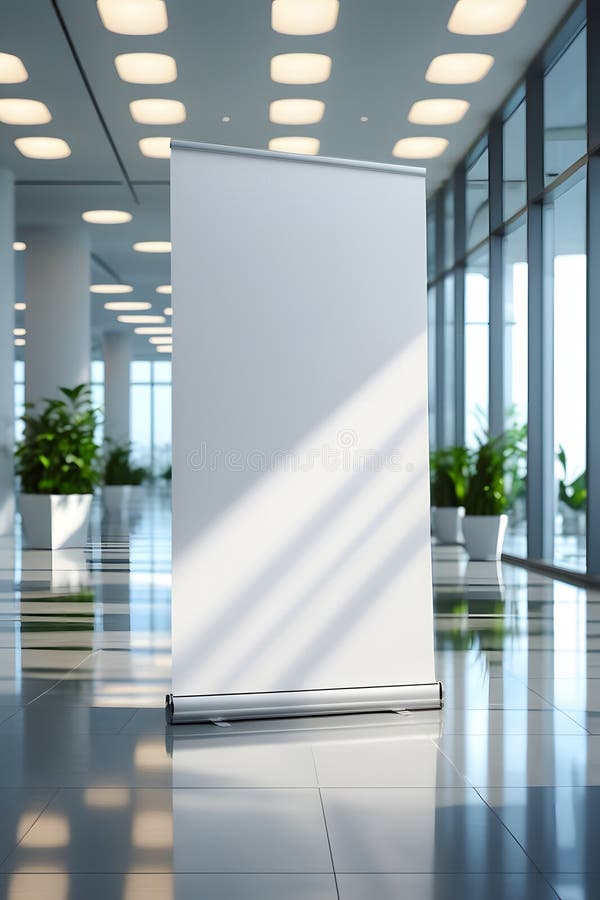 Blank Roll Up Banner in Modern Office Lobby Stock Image - Image of ...