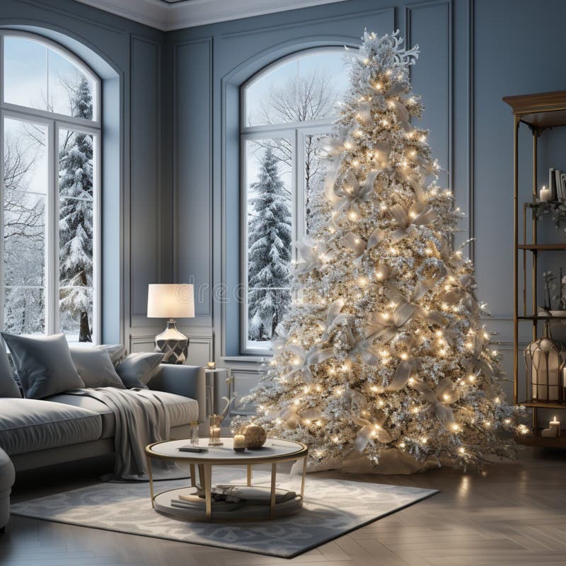 A Clean, Modern Interior with a Tall White Christmas Tree Stock ...
