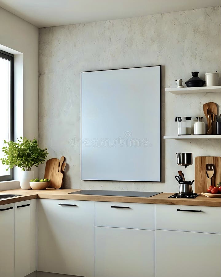 Clean Modern Kitchen in House with Empty Whiteboard on Wall Stock ...