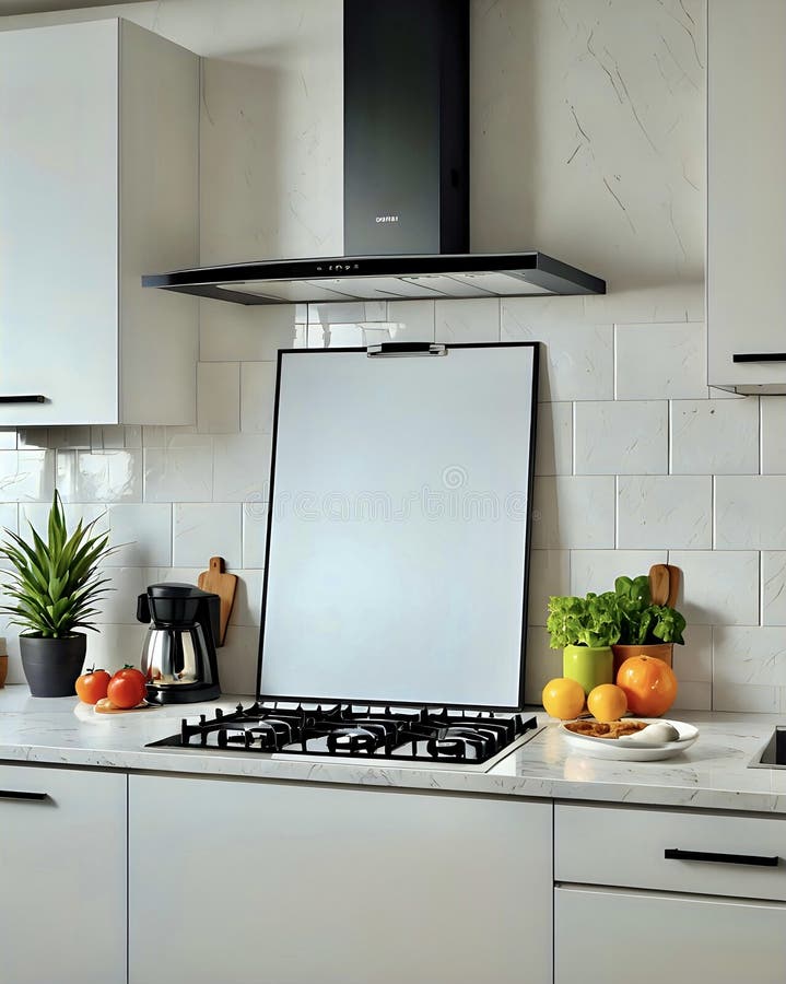 Clean Modern Kitchen in House with Empty Whiteboard on Wall Stock ...