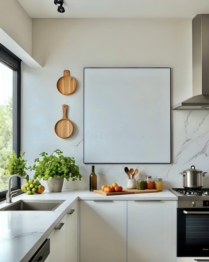 Clean Modern Kitchen in House with Empty Whiteboard on Wall Stock ...