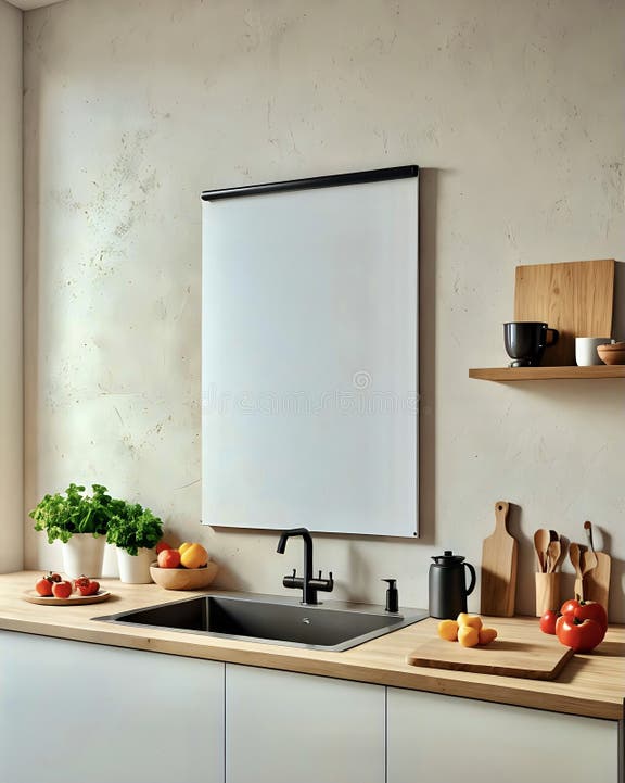 Clean Modern Kitchen in House with Empty Whiteboard on Wall Stock ...