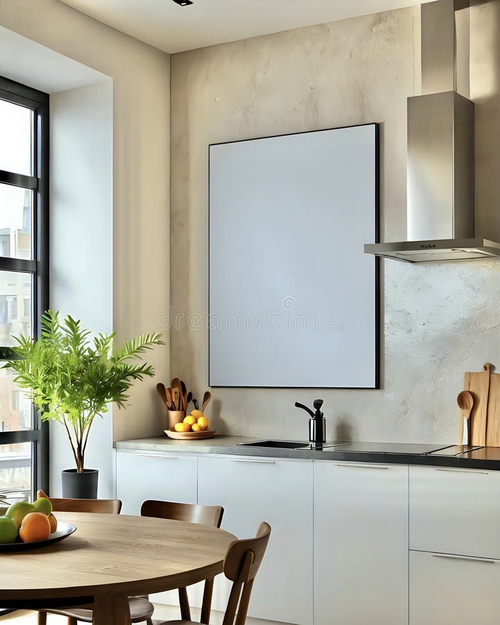 Clean Modern Kitchen in House with Empty Whiteboard on Wall Stock ...