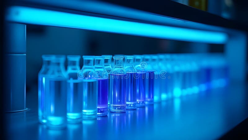 A Clean and Modern Lab Featuring Vials of Glowing Liquid Under UV Lights Stock Illustration ...