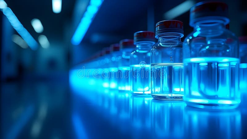 A Clean and Modern Lab Featuring Vials of Glowing Liquid Under UV ...