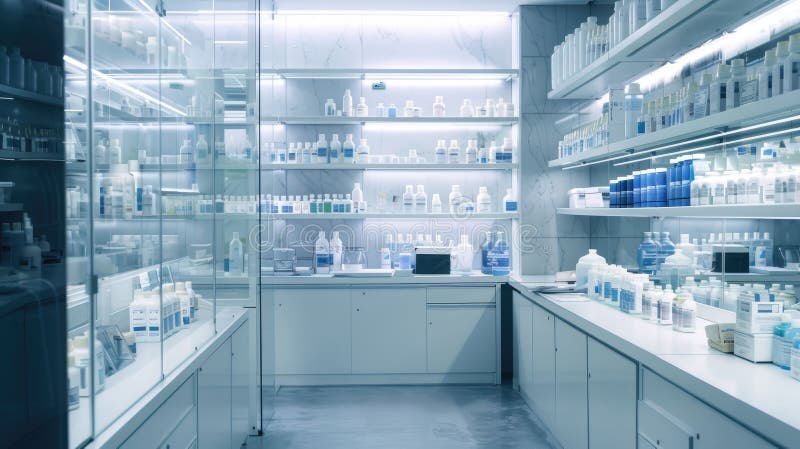 A Clean, Modern Laboratory with Shelves of Bottles and Jars Stock Image ...