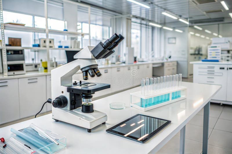 Modern Laboratory Setup with Microscope and Test Tubes Stock ...