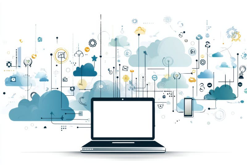Stylized Laptop on a Clean Layout with Digital Cloud Illustrations and ...