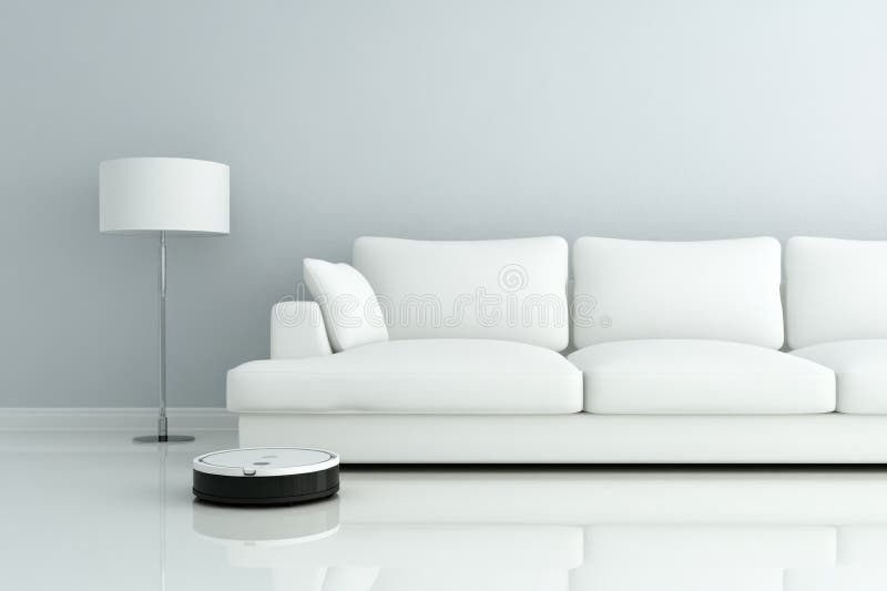Clean Modern Living Room with White Sofa and Robotic Vacuum Stock Image ...
