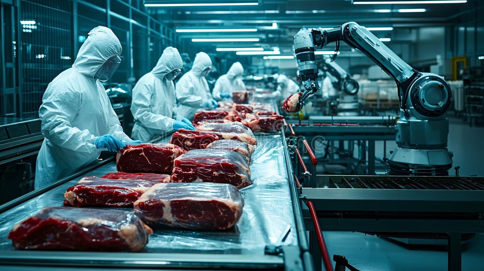 Automated Meat Processing Plant Robotic Arm and Workers Packaging Fresh ...