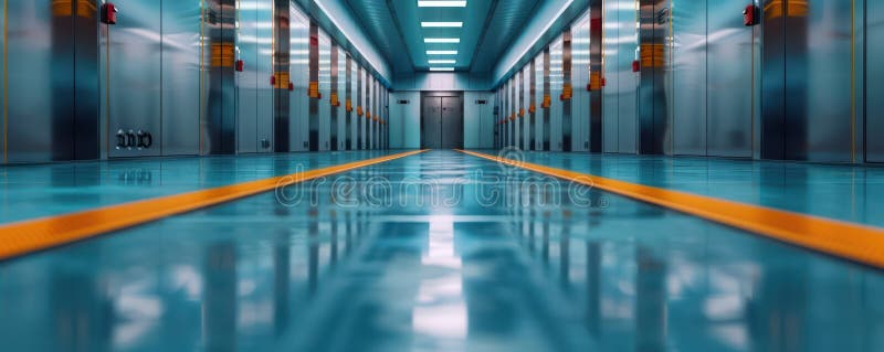 Clean Modern Office Corridor with Blue and Yellow Flooring, Empty Space ...