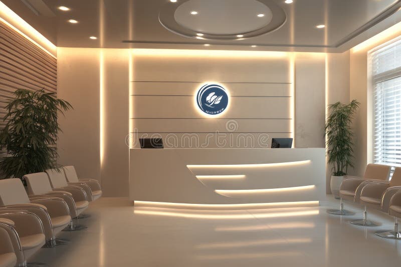 Modern Office Reception Area with a Sleek Desk a Logo on the Wall and ...