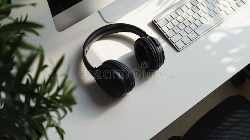 Modern Office Setup with Headphones, Generative AI Stock Image - Image ...