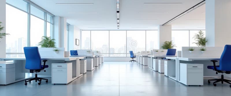 Modern Office Workspace with Blue Chairs and White Desks. Stock ...