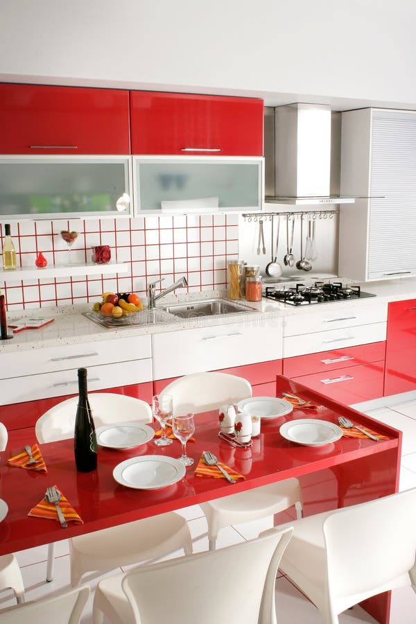 Red kitchen desing stock photo. Image of decoration - 119377072