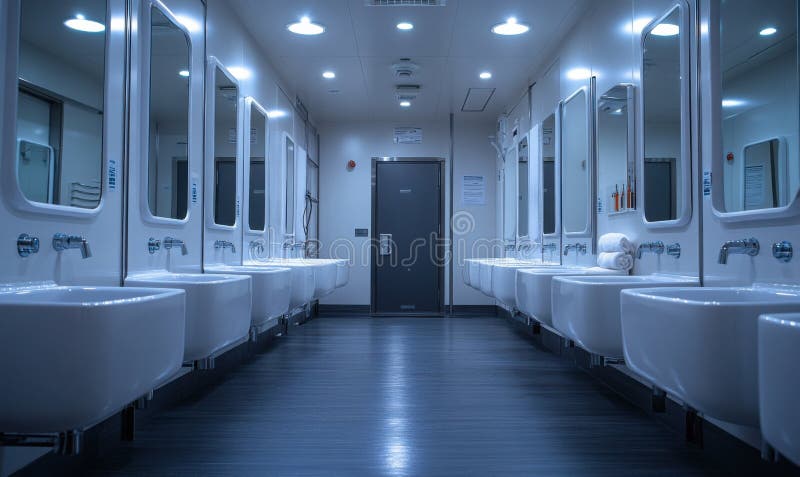 Clean and Modern Restroom Interior with Multiple Sinks and Mirrors ...