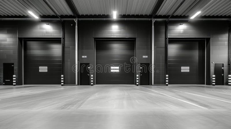 A Clean and Modern Warehouse Interior Showcases Sleek Closed Doors in ...