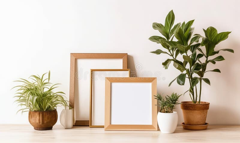 Clean and Modern White Table with Empty Wooden Photo Frame and Greenery ...