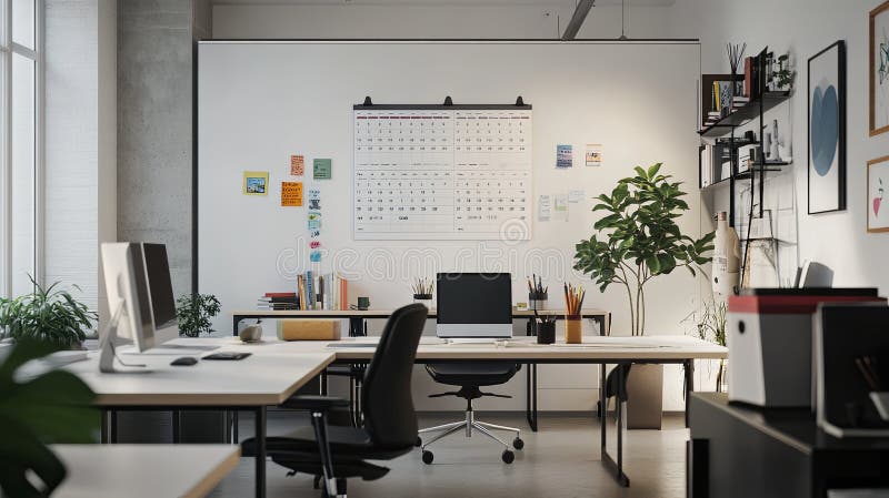 A Clean and Modern Workspace with a Content Calendar Pinned on the ...
