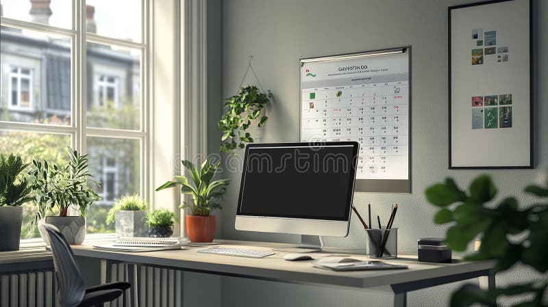 A Clean and Modern Workspace with a Content Calendar Pinned on the ...