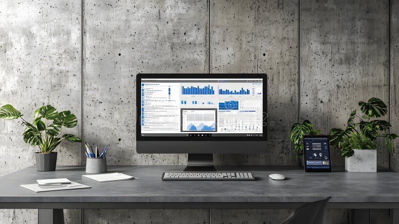 Modern Workplace Desk Setup with Computer Charts Graphs and Plants AI ...