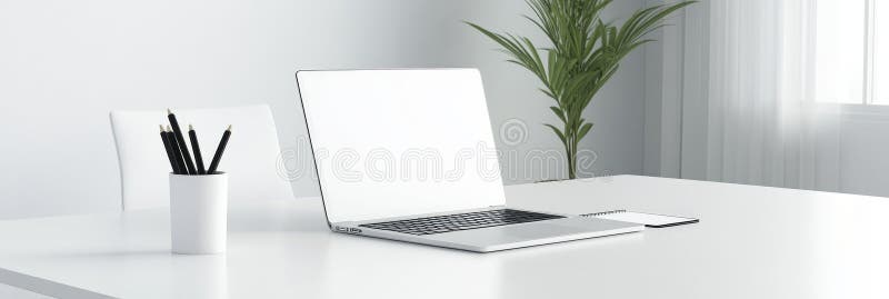 A Clean and Modern Workspace Featuring a Laptop Notebook and Pencils on ...