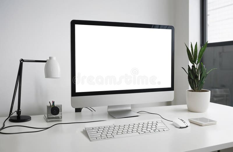 Minimalist Workspace with Desktop Computer, Blank Computer Screen,home ...