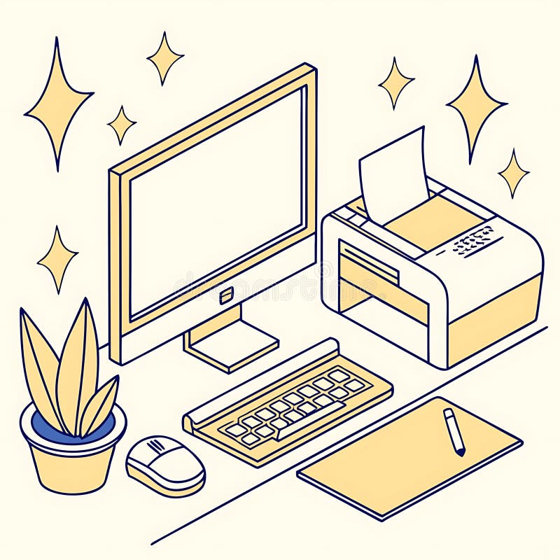 Clean Modern Workstation with Printer and Plant Stock Image - Image of ...