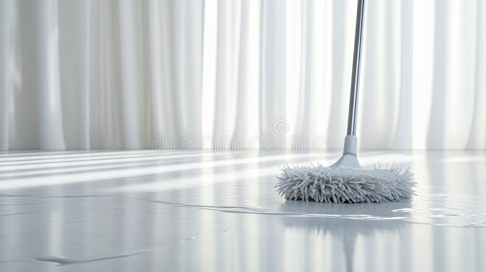 A Clean Mop Styled on a Smooth White Floor with Subtle Water Marks ...