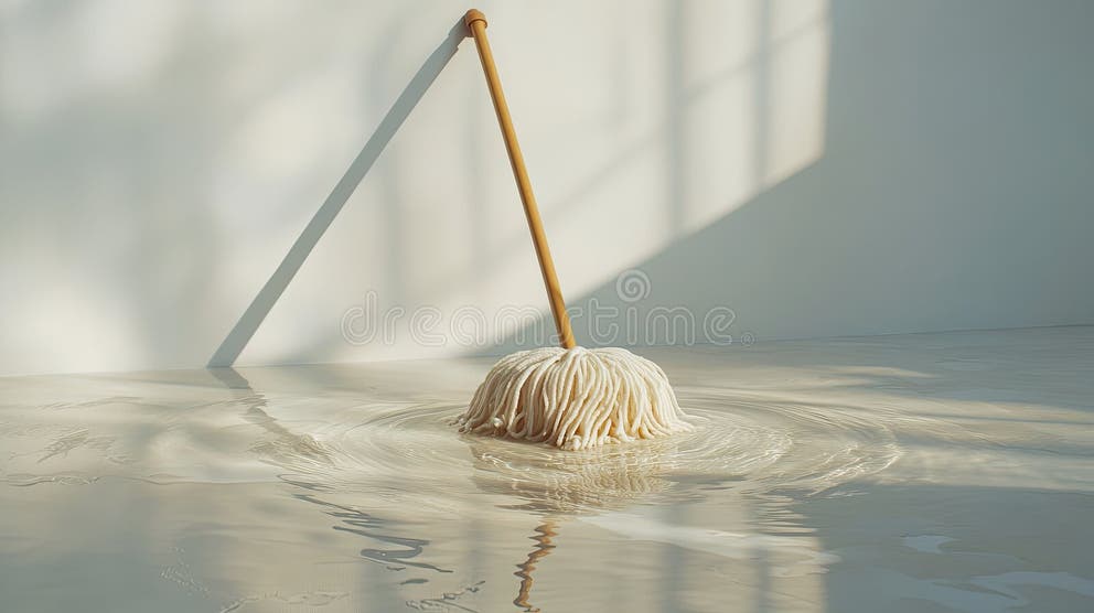 A Clean Mop Styled on a Smooth White Floor with Subtle Water Marks ...