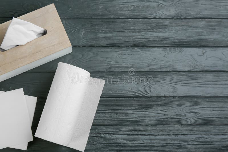 Clean Napkins, Box with Tissues and Roll of Paper Towels on Grey Wooden ...