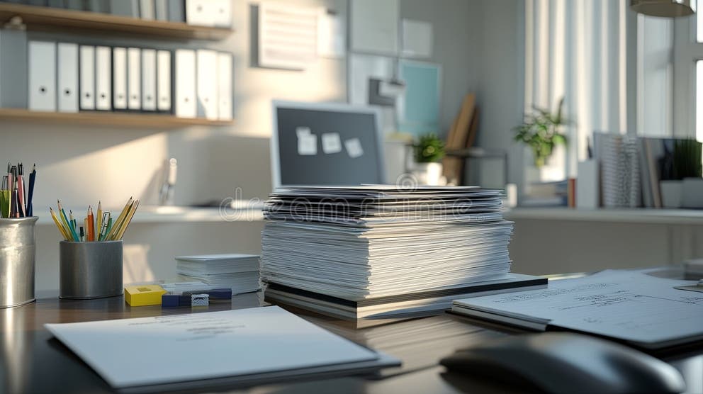 A Clean Office Desk with a Stack of Organized Documents and Supplies ...
