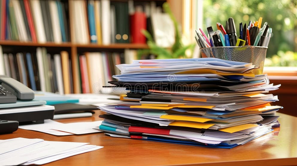A Clean Office Desk with a Stack of Organized Documents and Supplies ...