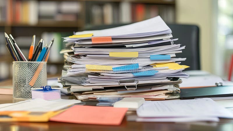 A Clean Office Desk with a Stack of Organized Documents and Supplies ...